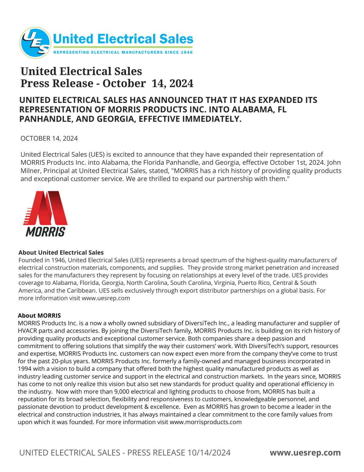 UES Has Expanded Its Representation Of Morris Products Inc. Into ...